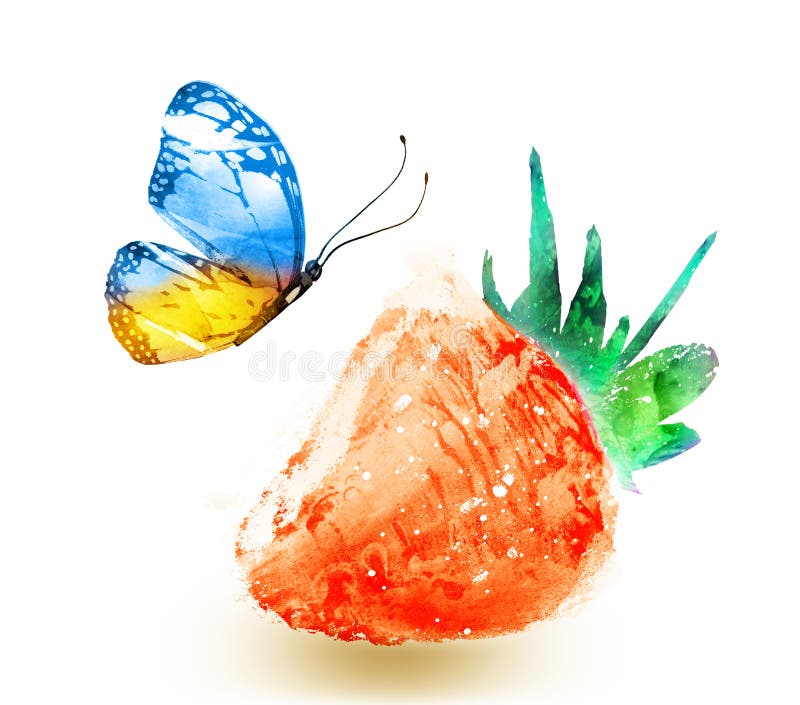 Watercolor Strawberry with Butterfly Stock Photo - Image of juicy ...