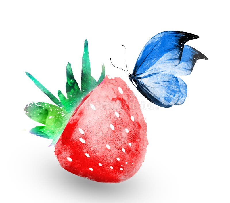 Watercolor Strawberry with Butterfly Stock Illustration - Illustration ...