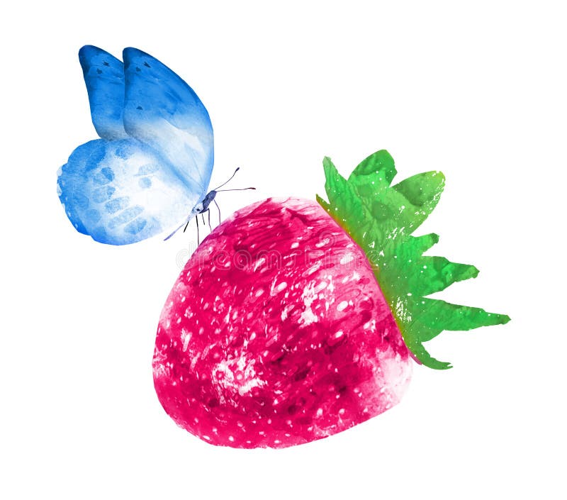 Watercolor Strawberry with Butterfly Stock Illustration - Illustration ...