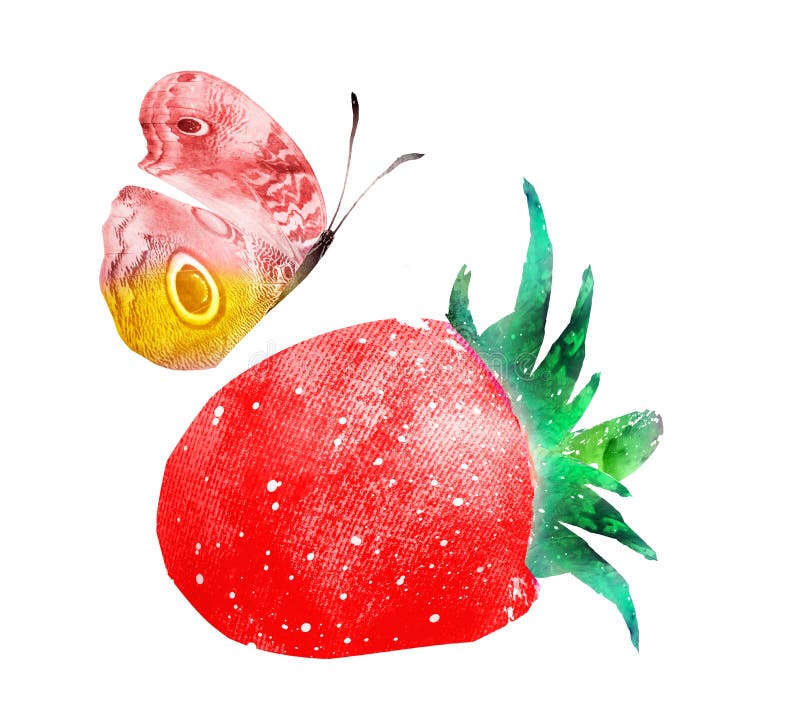 Watercolor Strawberry with Butterfly Stock Image - Image of natural ...