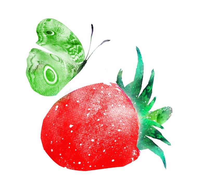 Watercolor Strawberry with Butterfly Stock Illustration - Illustration ...