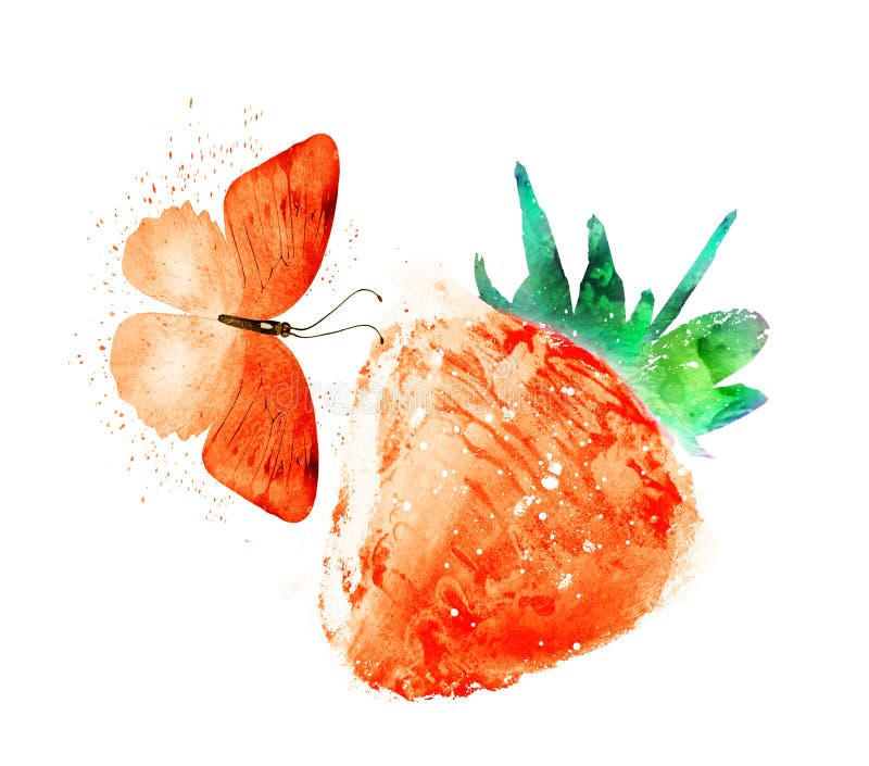 Watercolor Strawberry with Butterfly Stock Illustration - Illustration ...