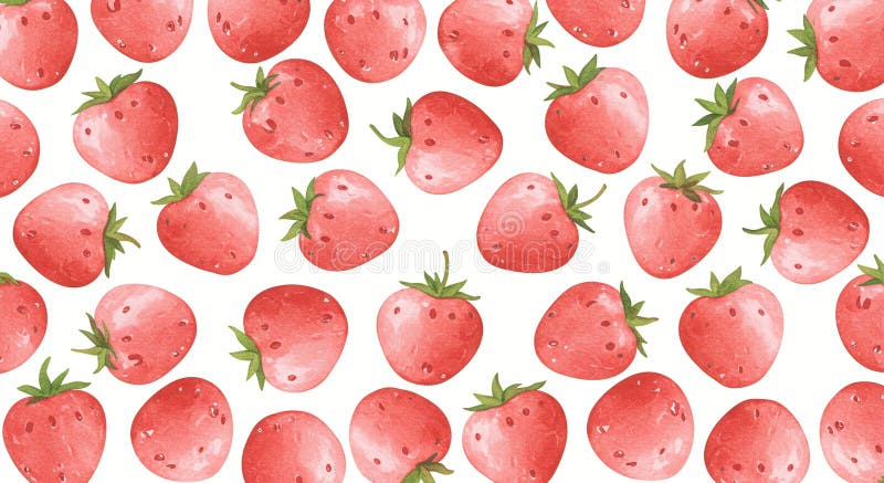 Watercolor Strawberry Pattern, Red Berries with Green Leaves on a White Background Stock ...