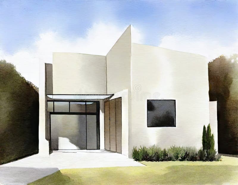Watercolor of Stucco Exterior with Modern Angular Design Element and ...