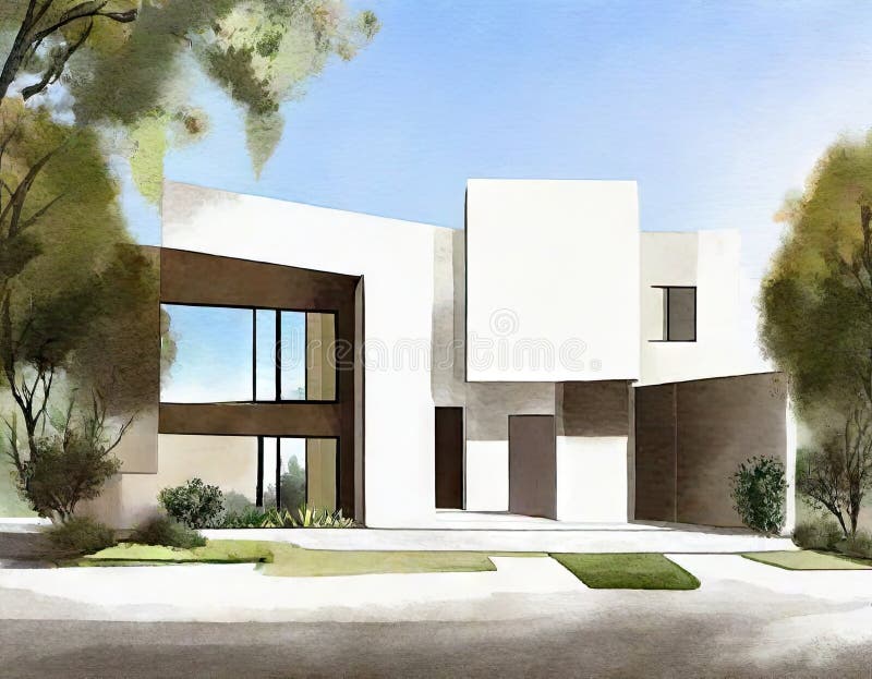 Watercolor of Stucco Exterior with Modern Angular Design Element and ...