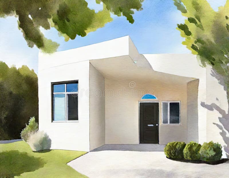 Watercolor of Stucco Exterior with Modern Angular Design Element and ...