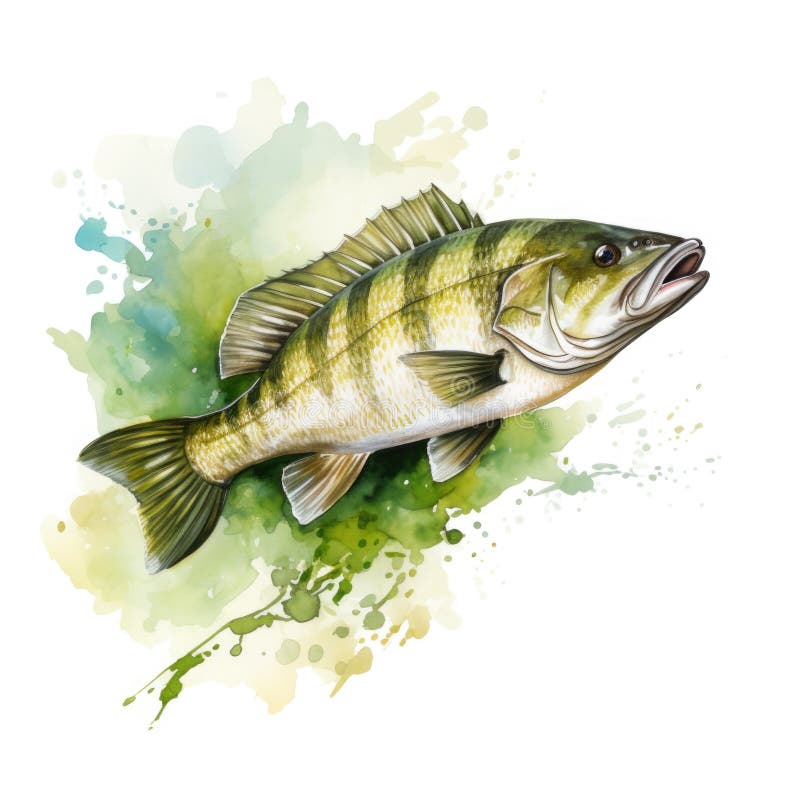 Watercolor-Style Bass Fish with White Background Stock Illustration ...