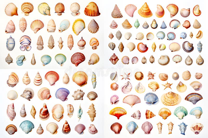 Watercolor Style Clip Art of a Set of Seashells in Different Designs ...