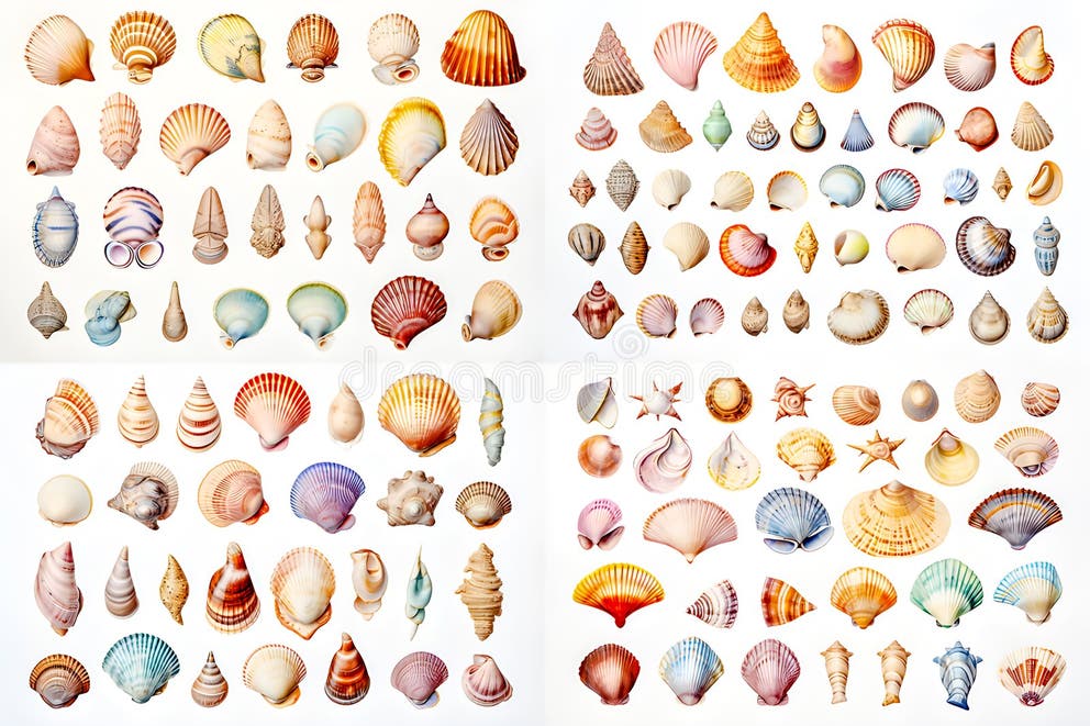 Watercolor Style Clip Art of a Set of Seashells in Different Designs ...