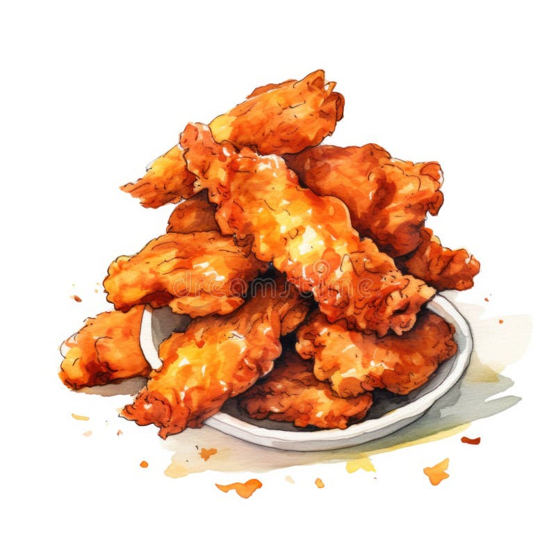 Watercolor-Style Crispy Fried Chicken Pieces Illustration with White ...