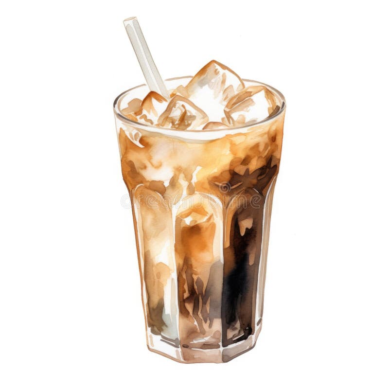Watercolor-Style Iced Coffee Top View with White Background Stock ...