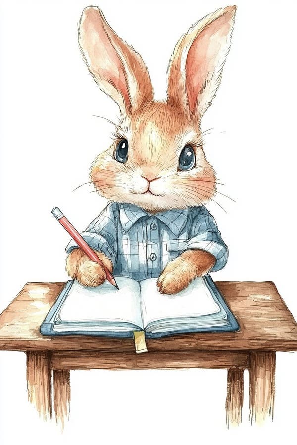 Watercolor Style Rabbit at School Writing in Notebook at School Desk ...