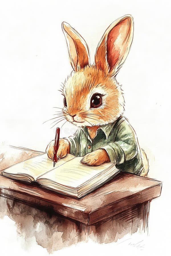 Watercolor Style Rabbit at School Writing in Notebook at School Desk ...