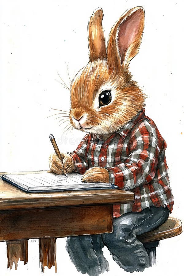 Watercolor Style Rabbit at School Writing in Notebook at School Desk ...