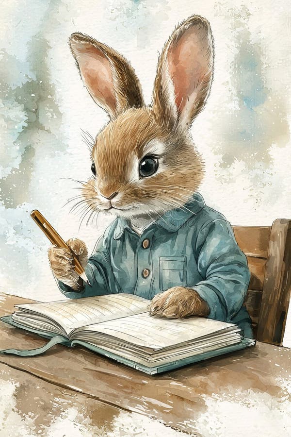 Watercolor Style Rabbit at School Writing in Notebook at School Desk ...