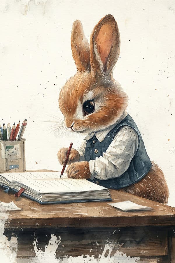 Watercolor Style Rabbit at School Writing in Notebook at School Desk ...