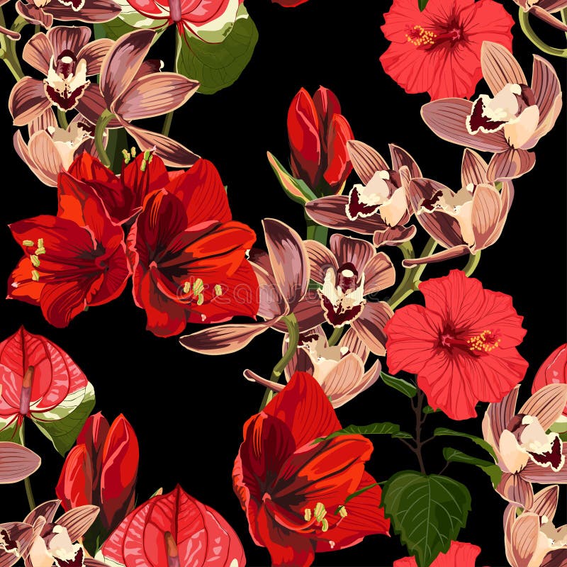 Watercolor Style Red Exotic Flowers and Brown Orchid Flowers Seamless ...