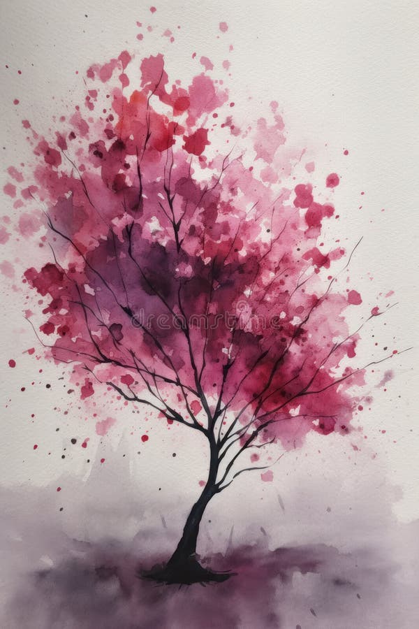 Minimalistic Redbud Tree Watercolor Painting. Stock Illustration ...