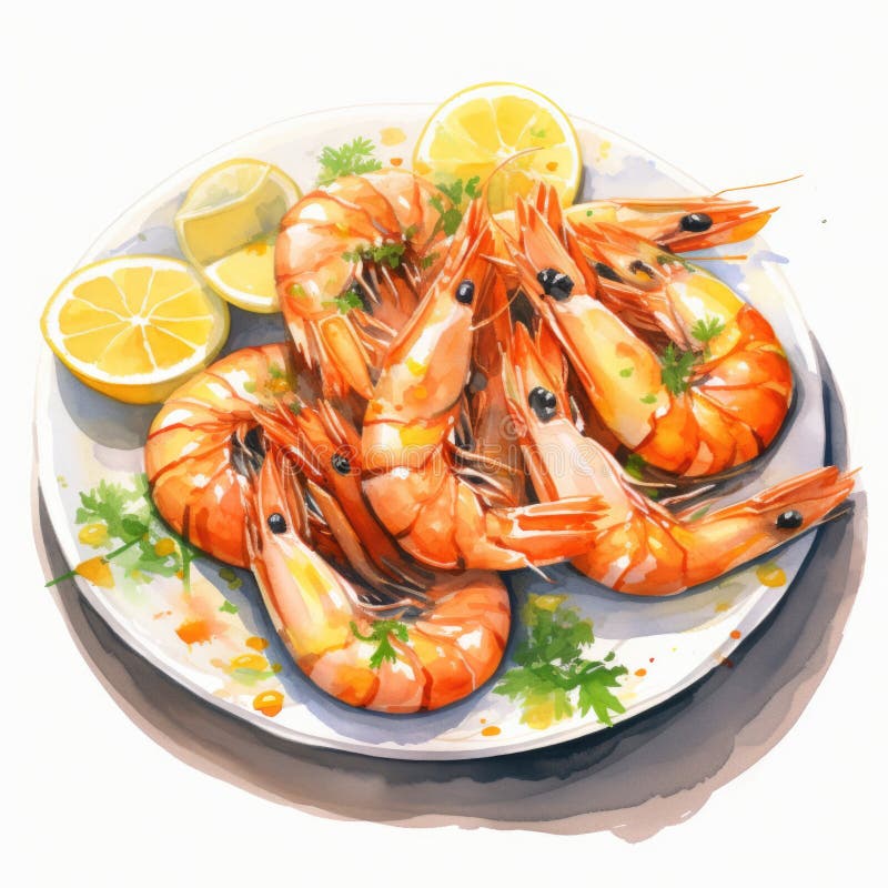 Watercolor-Style Scampi Plate with White Background Stock Illustration ...