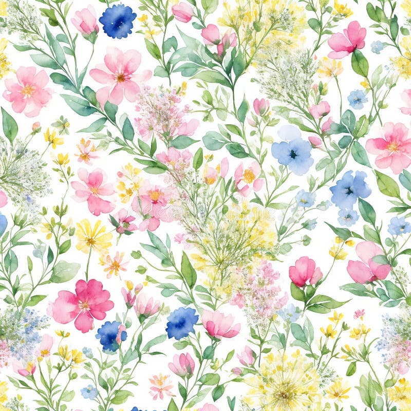 Watercolor Style Seamless Patterns of Wildflowers and Repeating ...