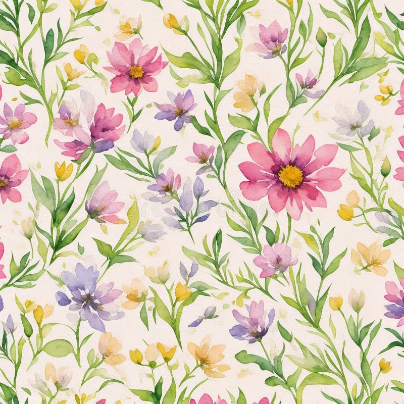Watercolor Style Seamless Patterns of Wildflowers and Repeating ...