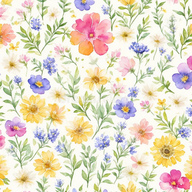 Watercolor Style Seamless Patterns of Wildflowers and Repeating ...