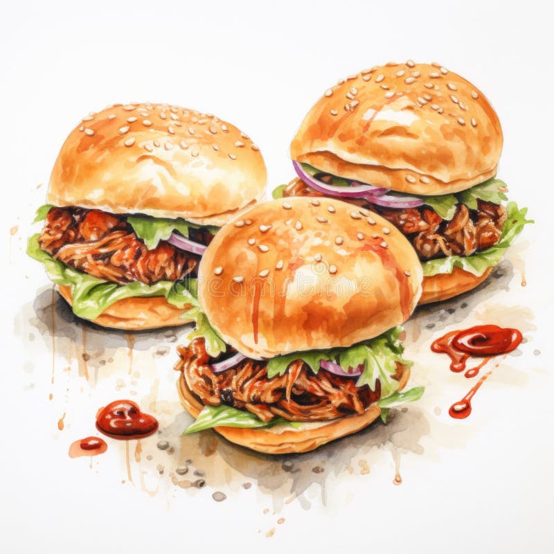 Watercolor-Style Sliders with Pulled Meat with White Background Stock ...