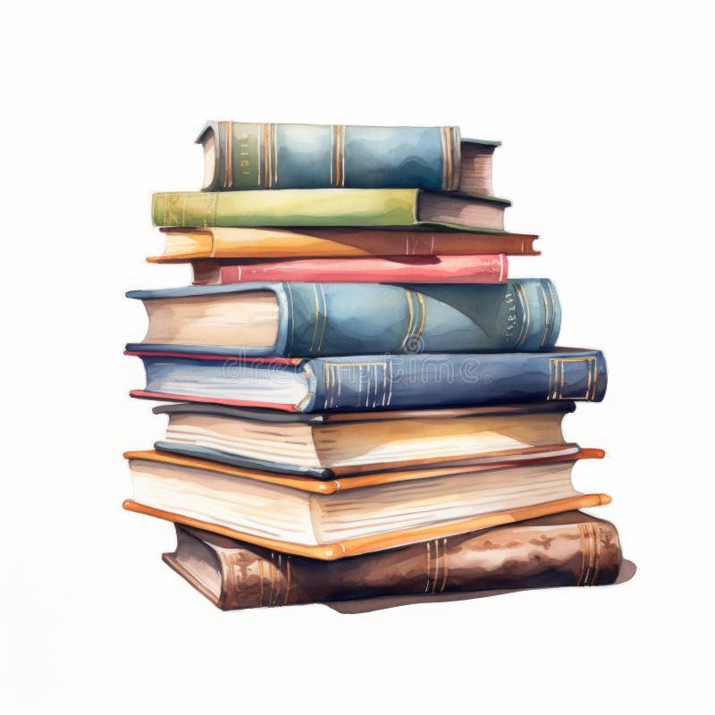 Watercolor-Style Stack of Books Illustration with White Background ...