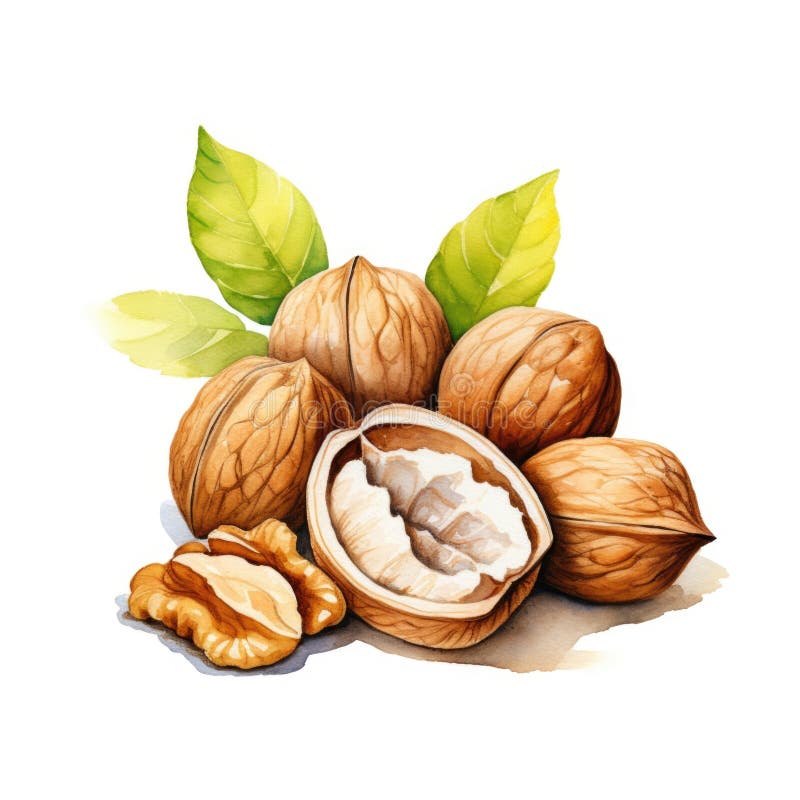 Watercolor-Style a Walnuts with White Background Stock Illustration ...