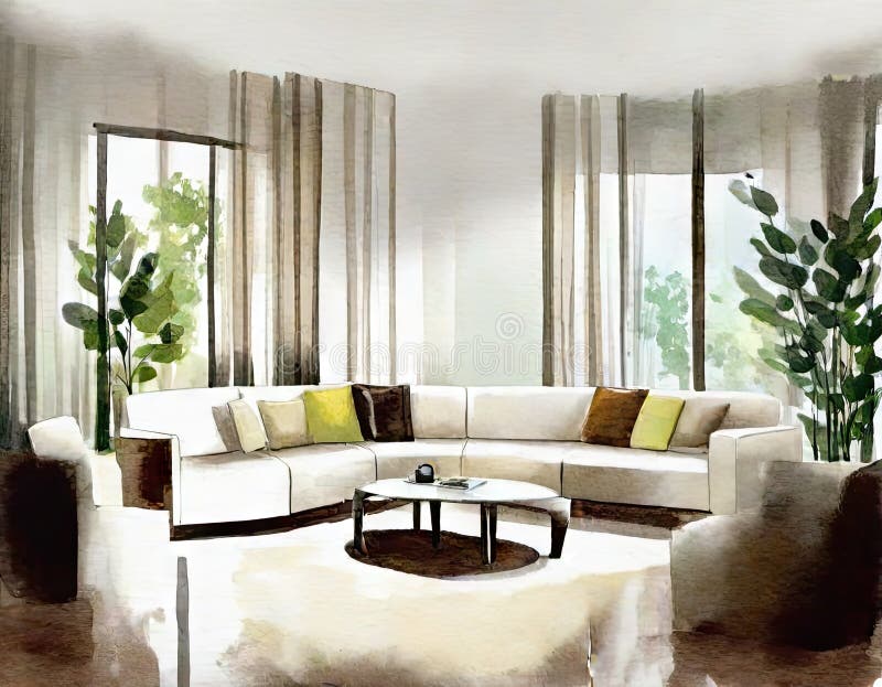 Watercolor of of a Stylish Living Room with a Modern Interior Stock ...