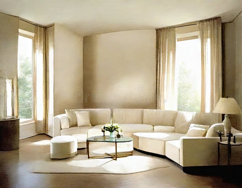Watercolor of Subtle Elegance in a Beige Living Room AI Stock ...