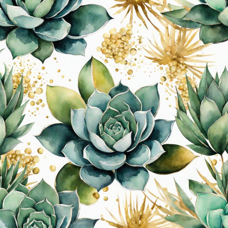 Watercolor Succulents with Gold Splashes on White Background Stock ...