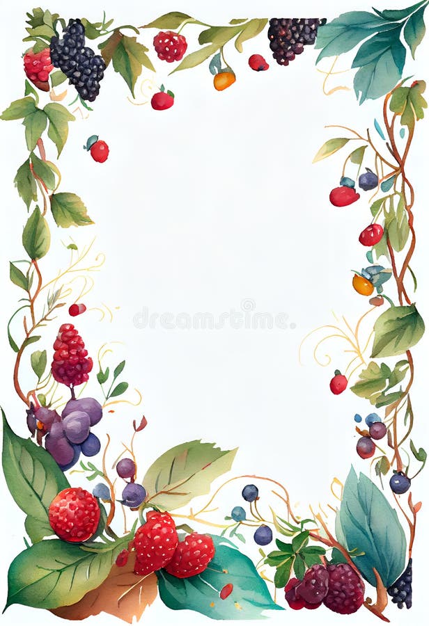Watercolor Summer Berries Illustration with Borders and Space for Text ...