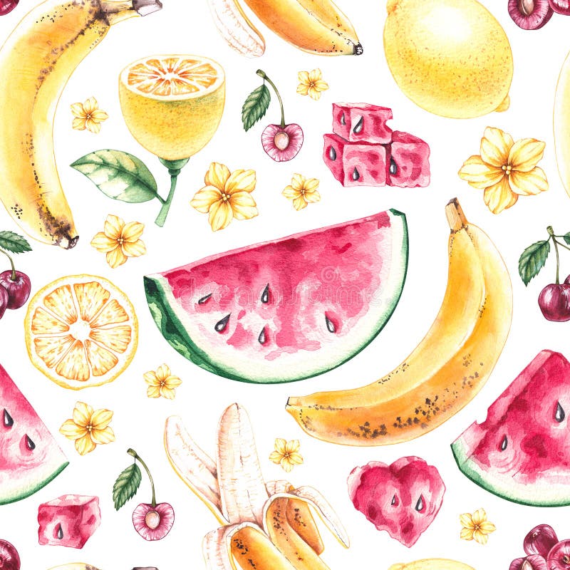 Watercolor Summer Fruit Pattern of Watermelon, Pineapple, Lemon, Cherry ...
