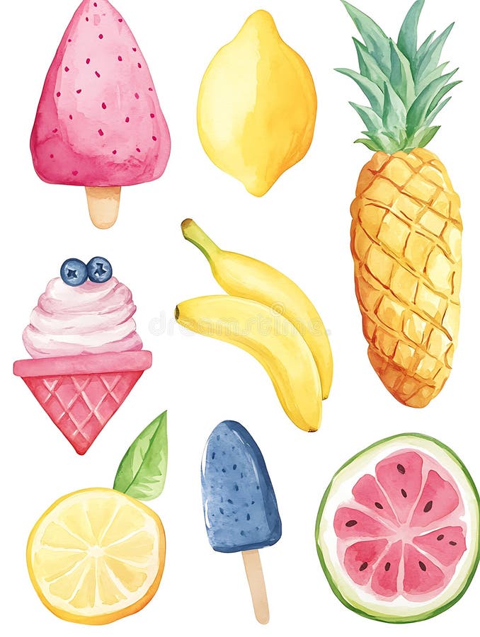 Watercolor Summer Fruits and Ice Pops Stock Illustration - Illustration ...