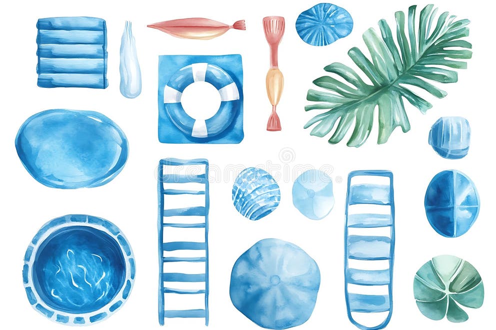 Watercolor Summer Pool Elements Stock Illustration - Illustration of ...