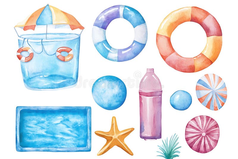 Watercolor Summer Pool Party Elements Stock Illustration - Illustration ...