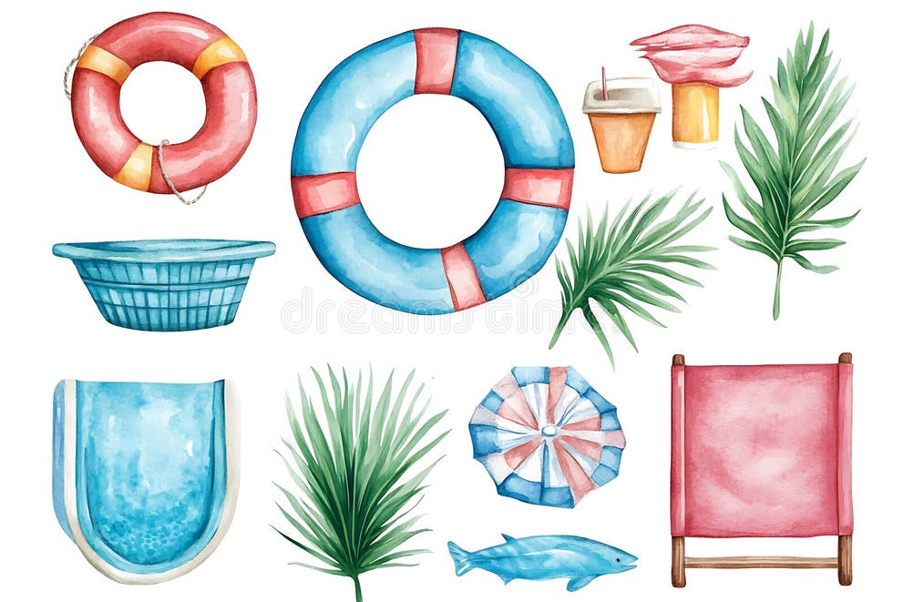 Watercolor Summer Pool Party Elements. (1 Stock Illustration ...