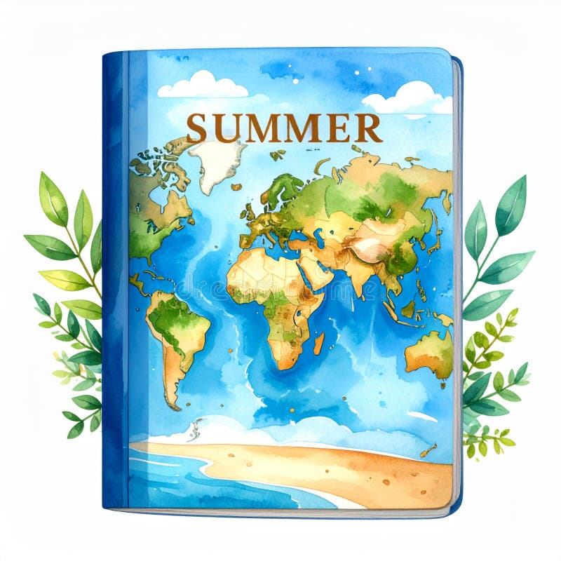 Watercolor Summer Travel Book with World Map Stock Illustration - Illustration of design, trip ...