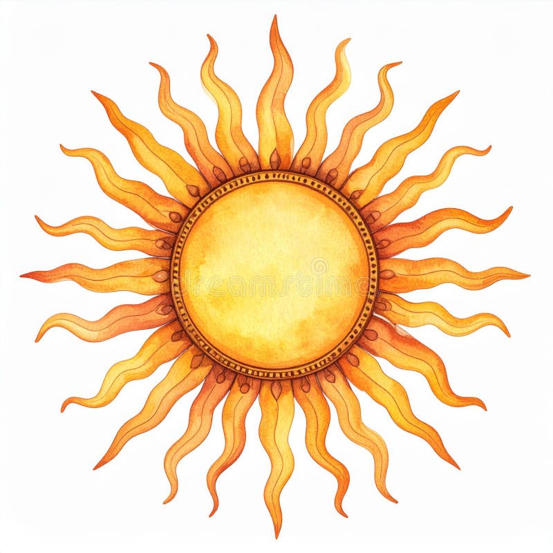 Watercolor Sun Illustration with Orange Rays and Greek Key Border Stock ...