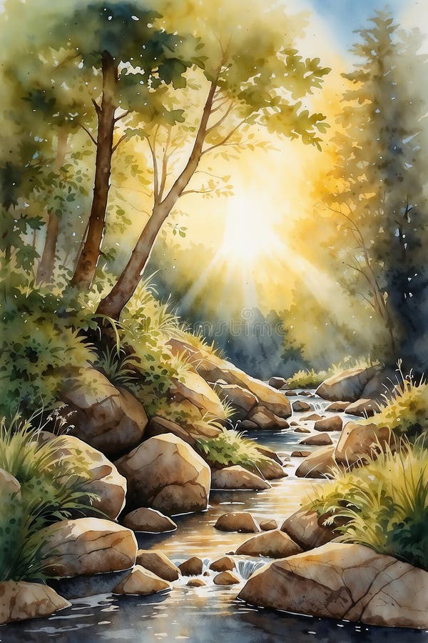 Watercolor Sunlight in the Forest Stock Illustration - Illustration of ...