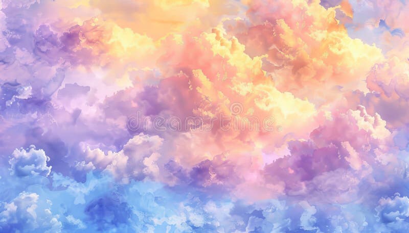 Watercolor Sunset Sky Seamless Pattern in Light Blue and Yellow Clouds ...