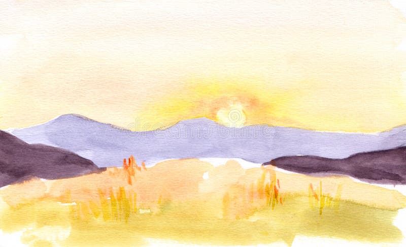 Watercolor Sunset or Sun Rise in Mountains Stock Image - Image of ...