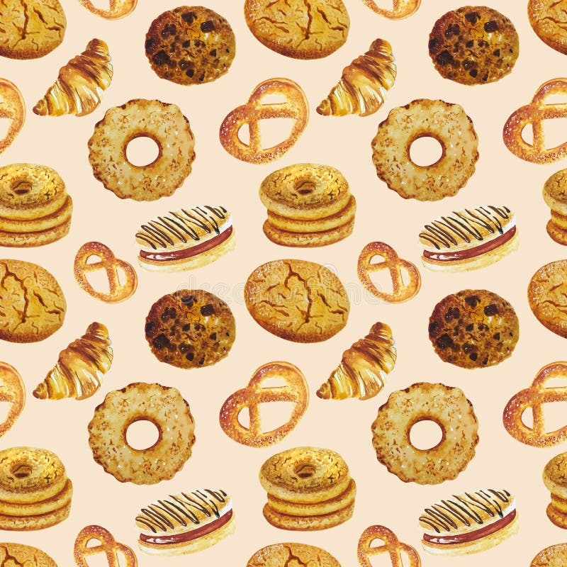 Watercolor Sweet Bakery Cookies Seamless Pattern for Cafe Design Stock ...