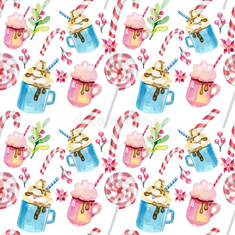 Watercolor Sweets Pattern. Seamless Background with Hand Drawn Food ...