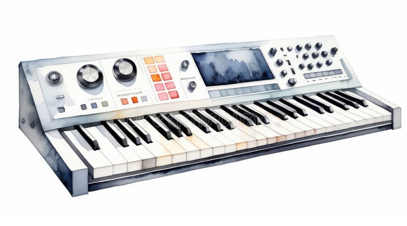 Watercolor Synth Keyboard White and Gray Keys, Digital Display Stock ...