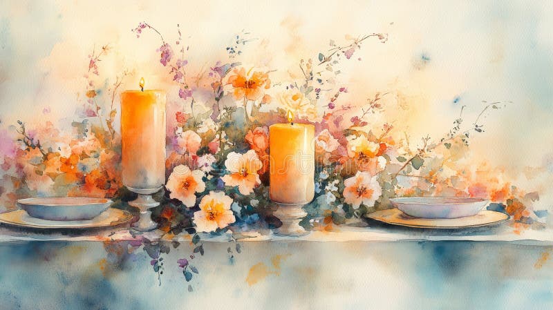 Pastel Watercolor Wedding Table Setting Floral Arrangement Stock Photos ...