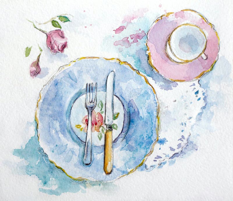 Watercolor table setting stock illustration. Illustration of setting ...