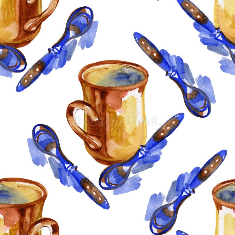 Watercolor Tea Cup and Spoon Seamless Pattern. Hand Drawn Wrapping ...