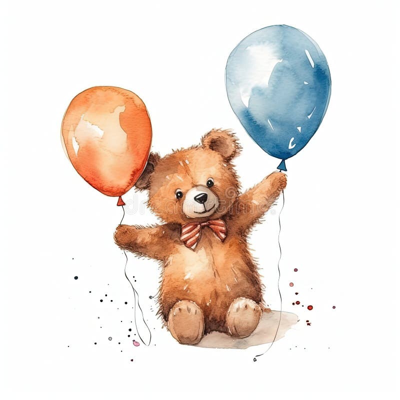 Watercolor Teddy Bear with Balloons. Illustration AI Generative Stock Illustration ...